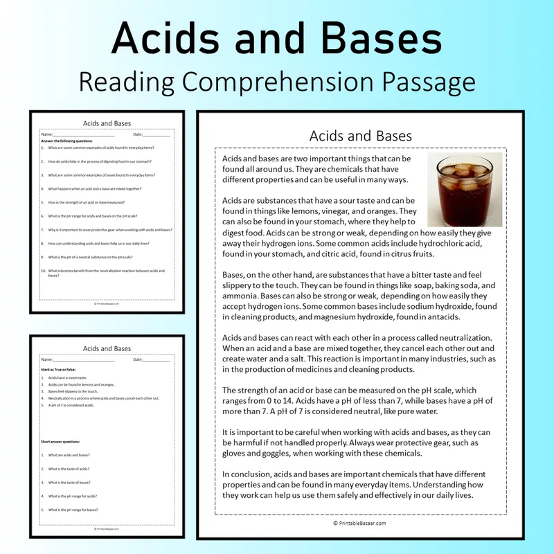 Acids and Bases | Reading Comprehension Passage Printable Worksheet ...