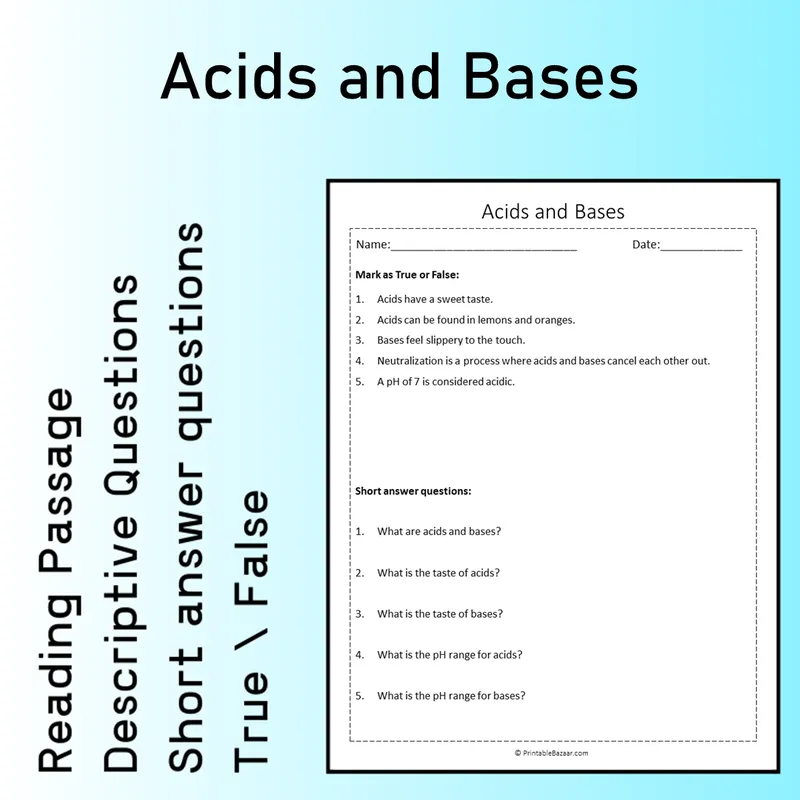 Acids and Bases | Reading Comprehension Passage Printable Worksheet ...