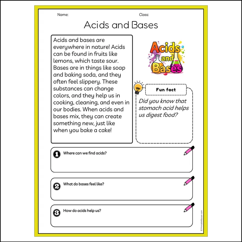 Acids and Bases | Reading Comprehension Passage Printable Worksheet ...