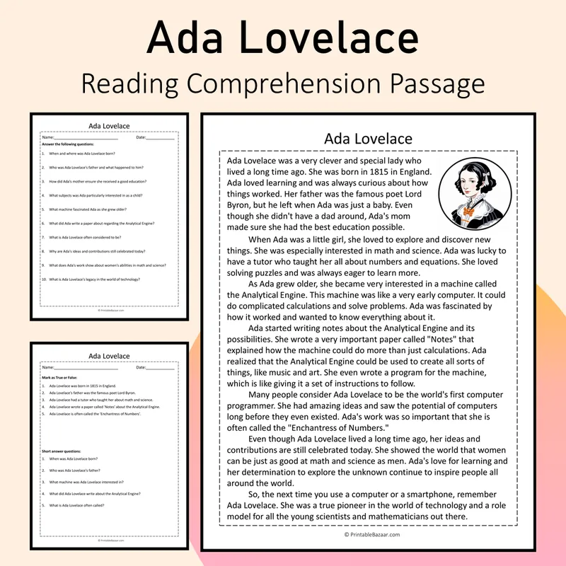 Ada Lovelace | Short Reading Comprehension Creative Worksheet — Free ...