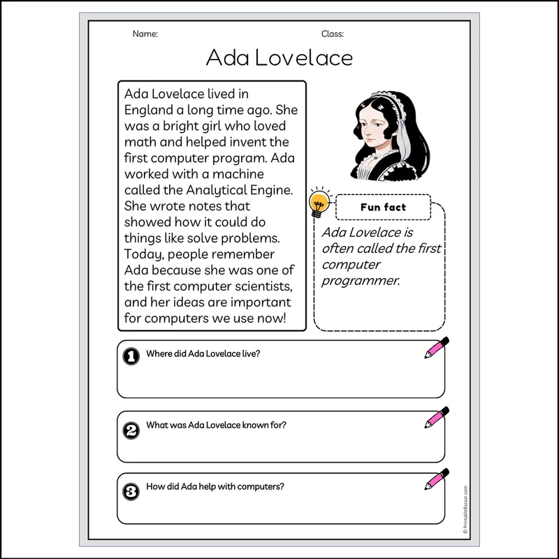Ada Lovelace | Reading Passage Comprehension Questions Writing Facts ...