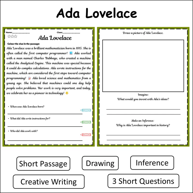 Ada Lovelace | Short Reading Comprehension Creative Worksheet — Free ...
