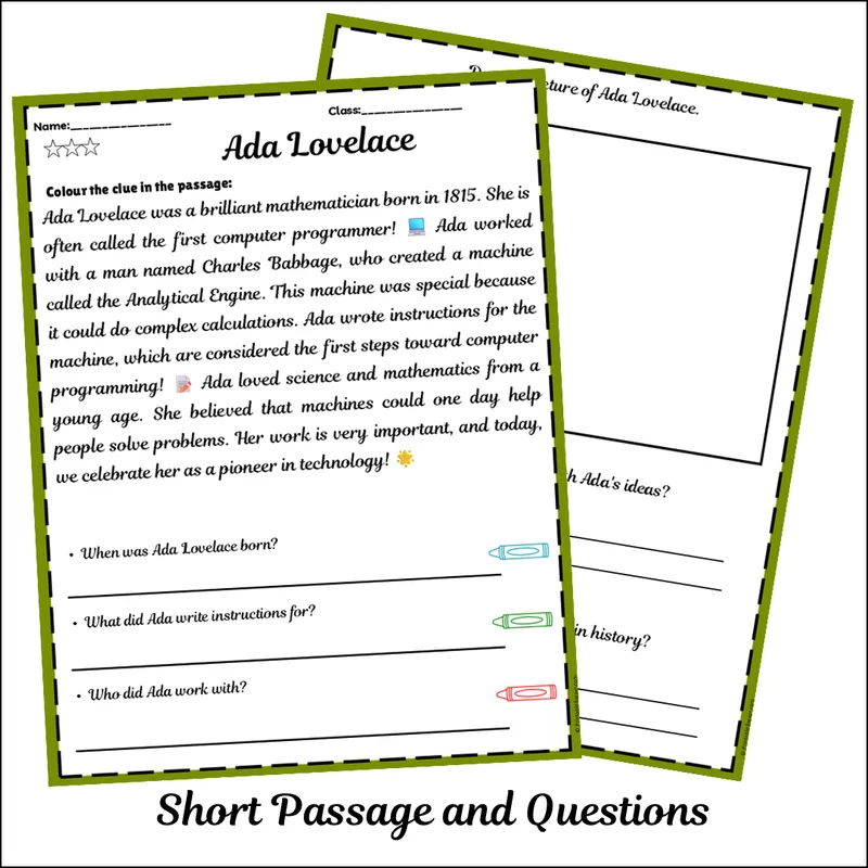 Ada Lovelace | Short Reading Comprehension Creative Worksheet — Free ...