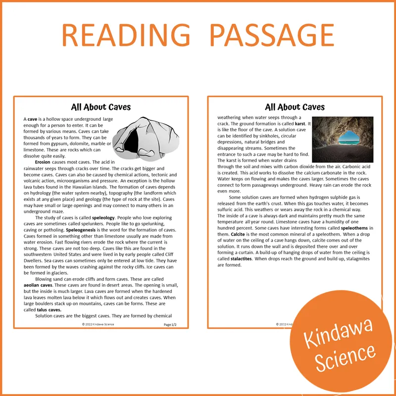 All About Caves Reading Comprehension Passage and Questions | Printable ...