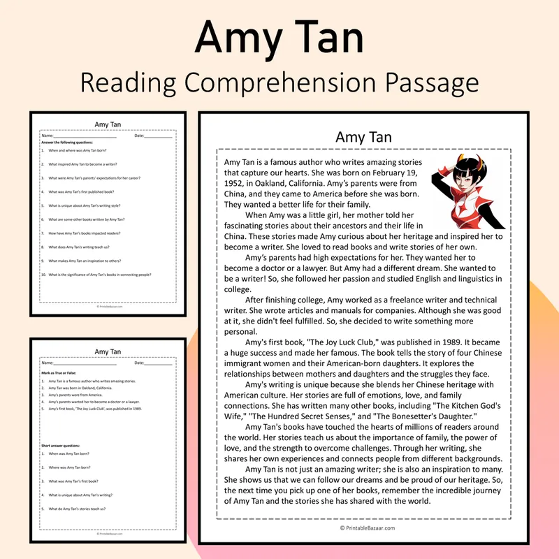 Amy Tan | Reading Comprehension Passage Printable Activity — Free ...
