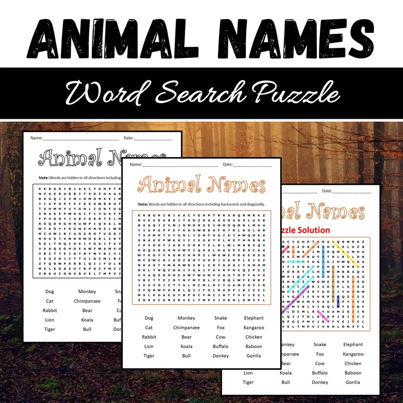 Preview of Animal Names Word Search Puzzle Worksheet PDF — General (PDF)