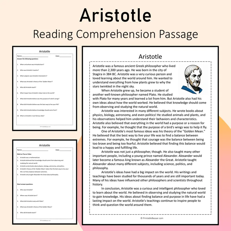 Preview of Aristotle | Reading Comprehension Passage Printable Activity ...