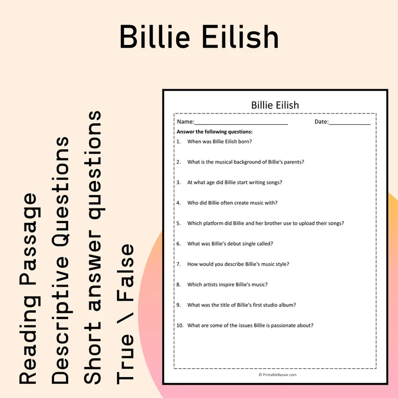 Billie Eilish | Reading Comprehension Passage Printable Activity — Free ...