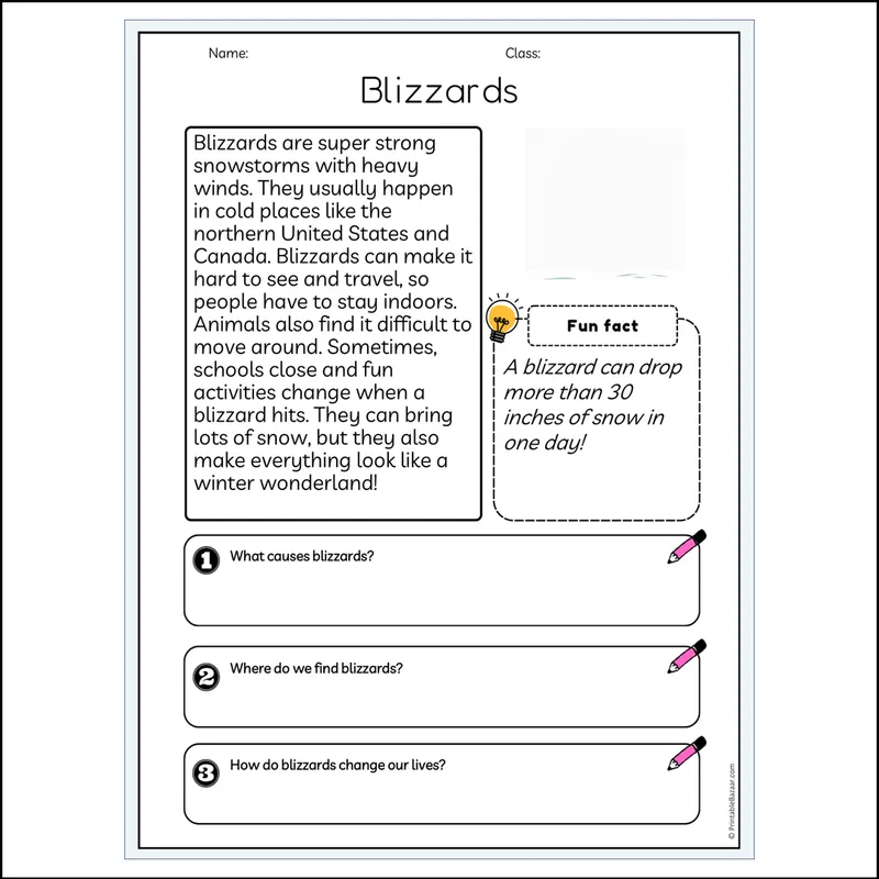 Blizzards | Reading Passage Comprehension Questions Writing Facts ...