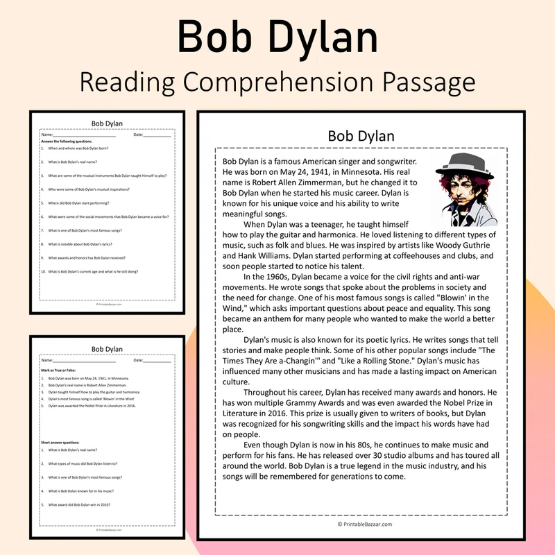 Bob Dylan | Reading Comprehension Passage Printable Activity — Free ...
