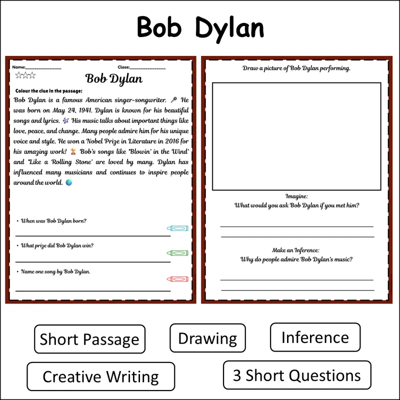 Bob Dylan | Reading Comprehension Passage Printable Activity — Free ...