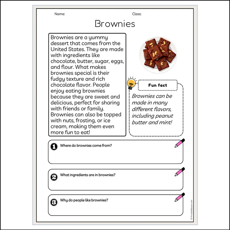 Brownies | Reading Passage Comprehension Questions Writing Facts ...