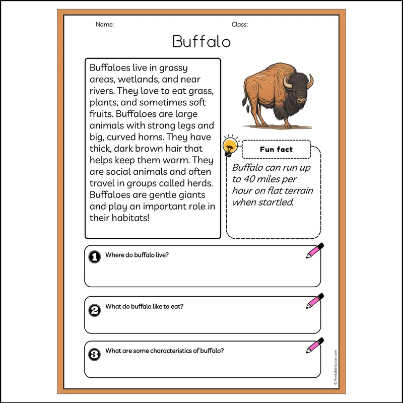 Buffalo | Reading Passage Comprehension Questions Writing Facts ...
