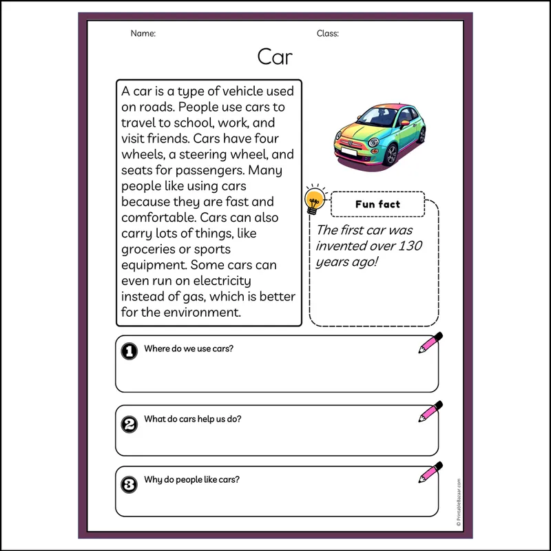 Car | Reading Passage Comprehension Questions Writing Facts Worksheet ...