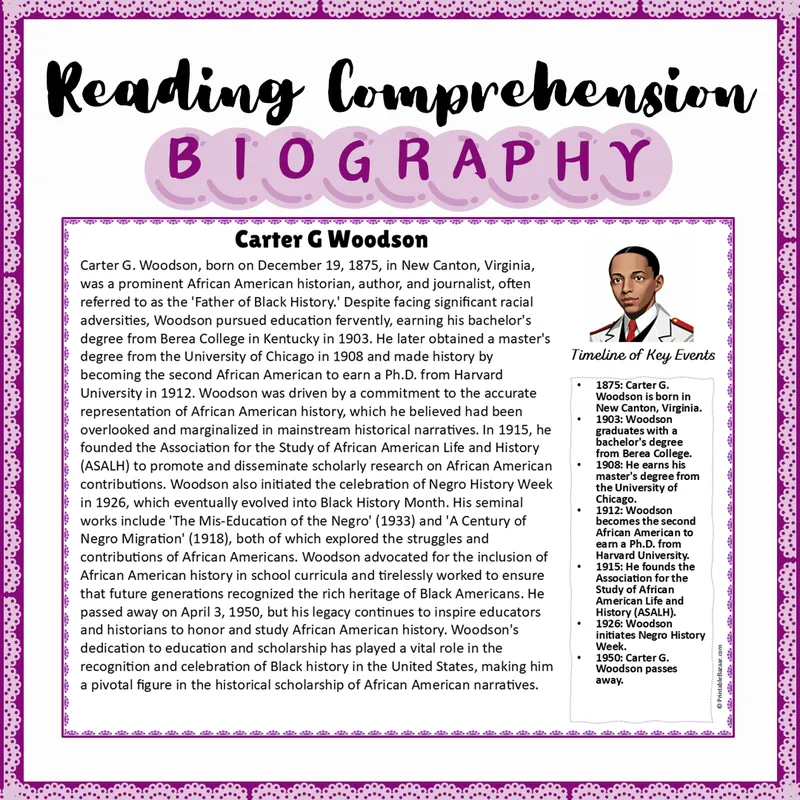 Carter G Woodson | Biography Reading Comprehension and Questions Worksheet