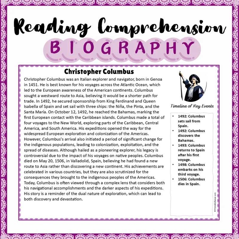 Christopher Columbus | Biography Reading Comprehension and Questions ...