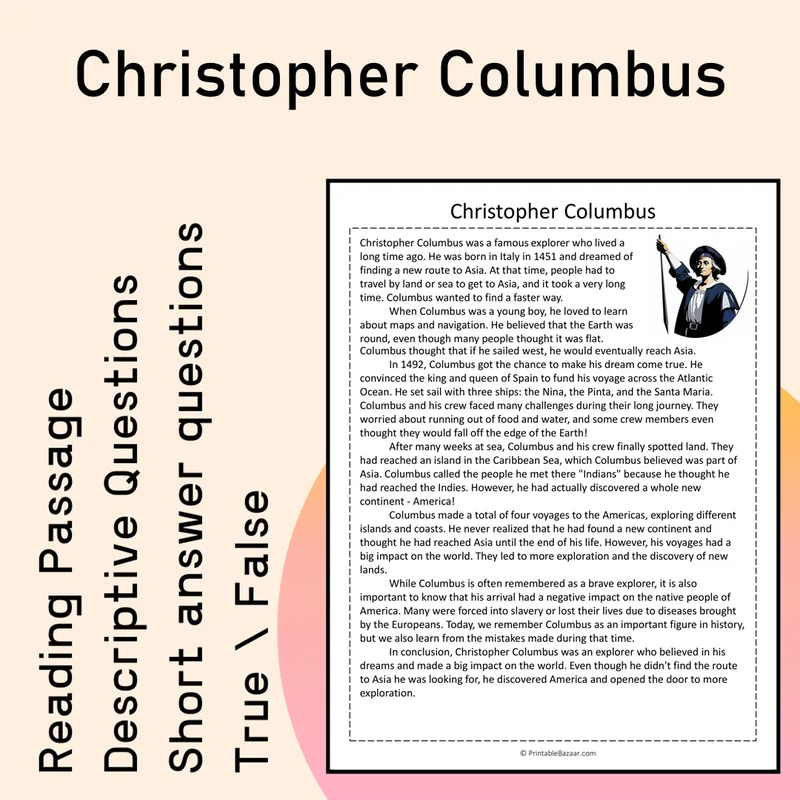 Christopher Columbus | Reading Comprehension Passage Printable Activity ...