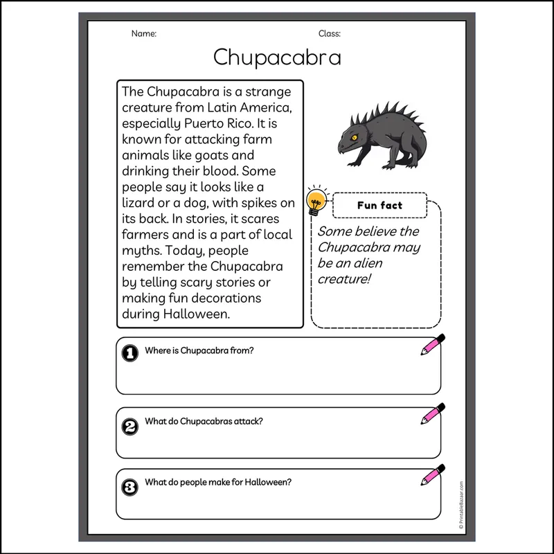 Chupacabra | Reading Passage Comprehension Questions Writing Facts ...
