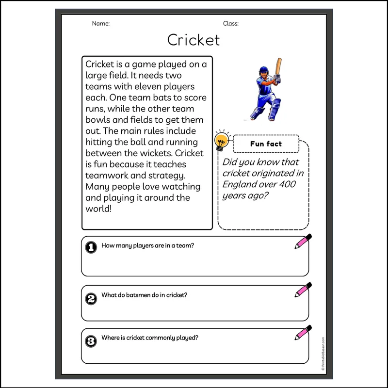 Cricket | Reading Passage Comprehension Questions Writing Facts ...