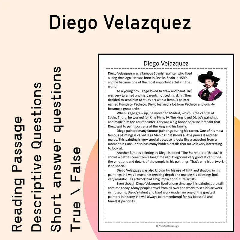 Diego Velazquez | Reading Comprehension Passage Printable Activity ...