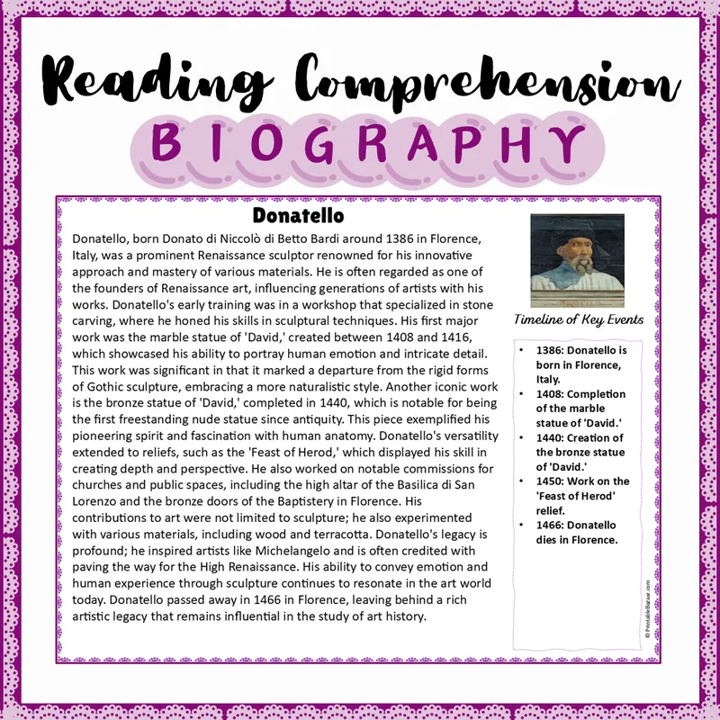 Donatello | Biography Reading Comprehension and Questions Worksheet ...