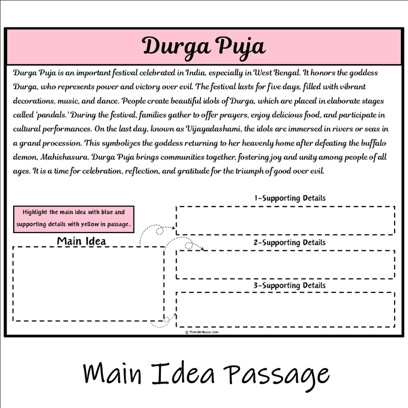 Durga Puja | Main Idea and Supporting Details Reading Passage and ...