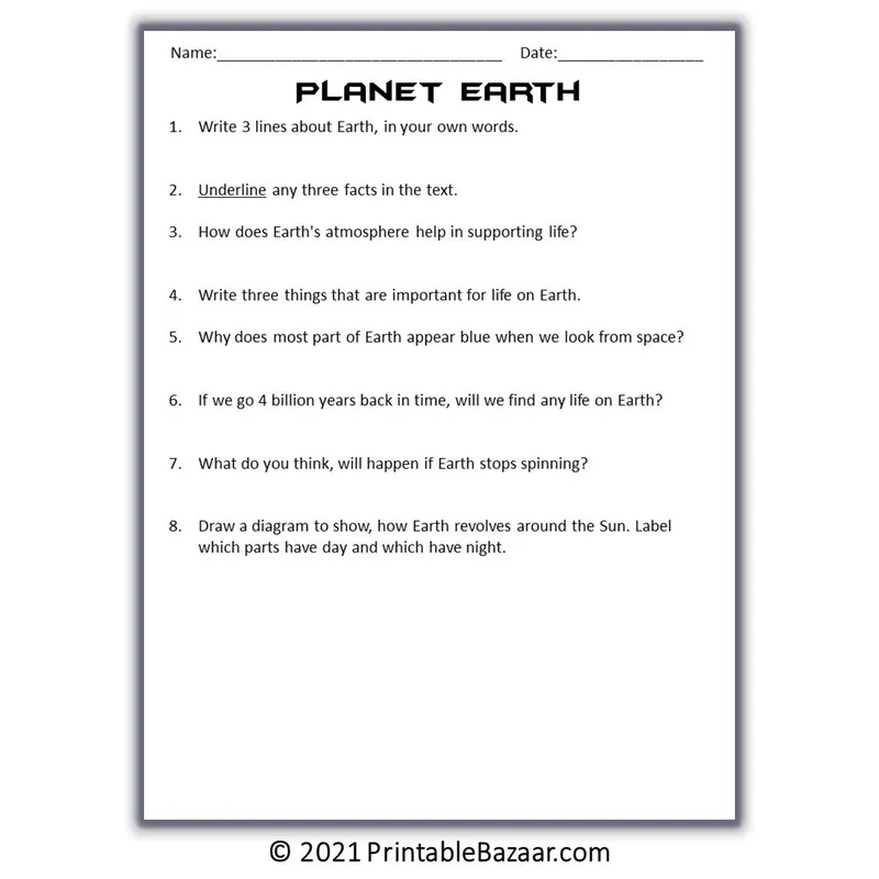 Earth Reading Comprehension Passage and Questions — Free printable PDF ...