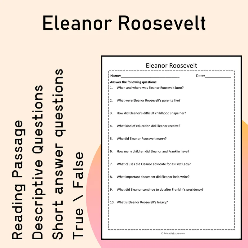 Eleanor Roosevelt | Reading Comprehension Passage Printable Activity ...