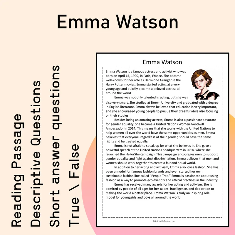 Emma Watson | Reading Comprehension Passage Printable Activity — Free ...