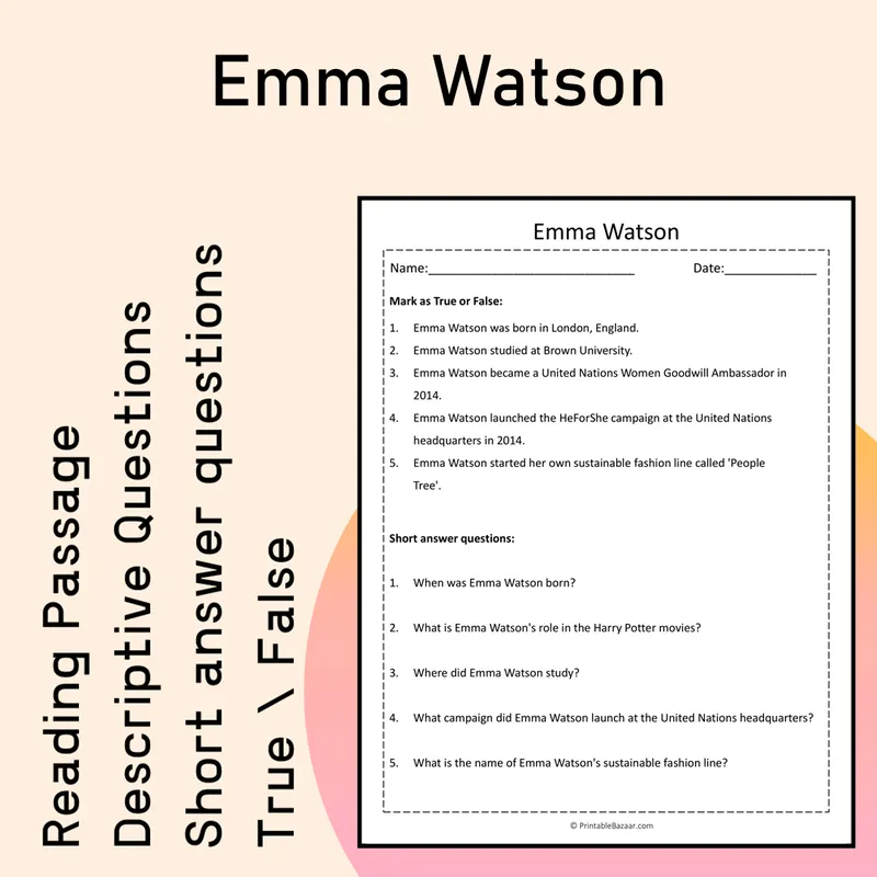 Emma Watson | Reading Comprehension Passage Printable Activity — Free ...