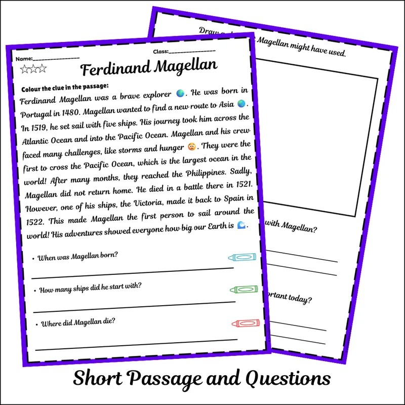Ferdinand Magellan | Short Reading Comprehension Creative Worksheet ...