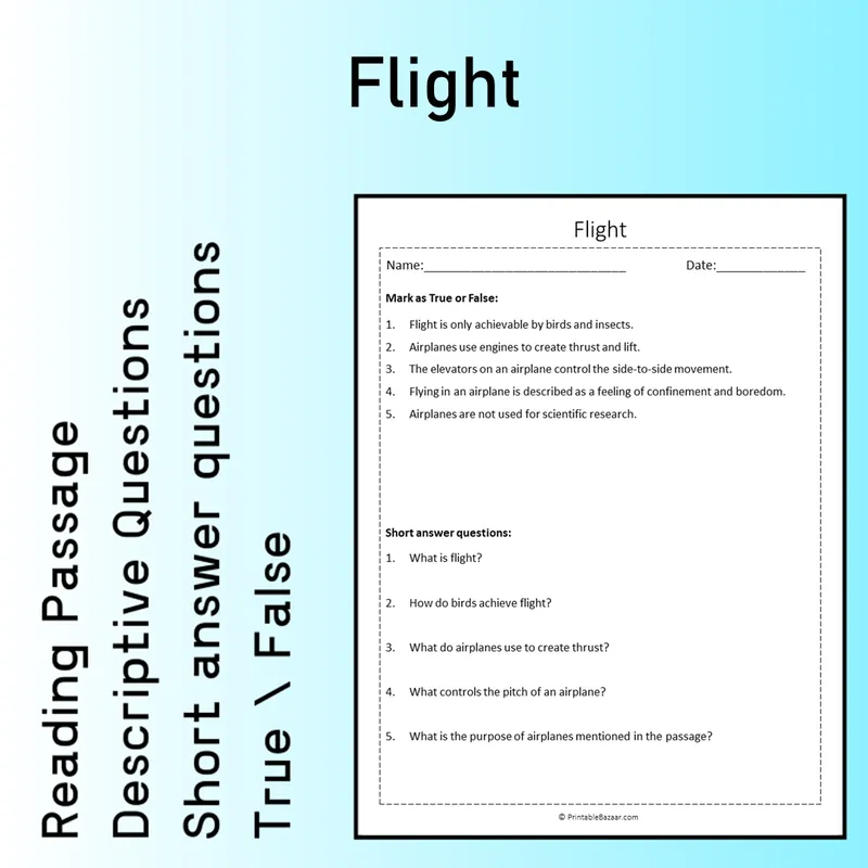 Flight | Reading Comprehension Passage Printable Worksheet — Free ...