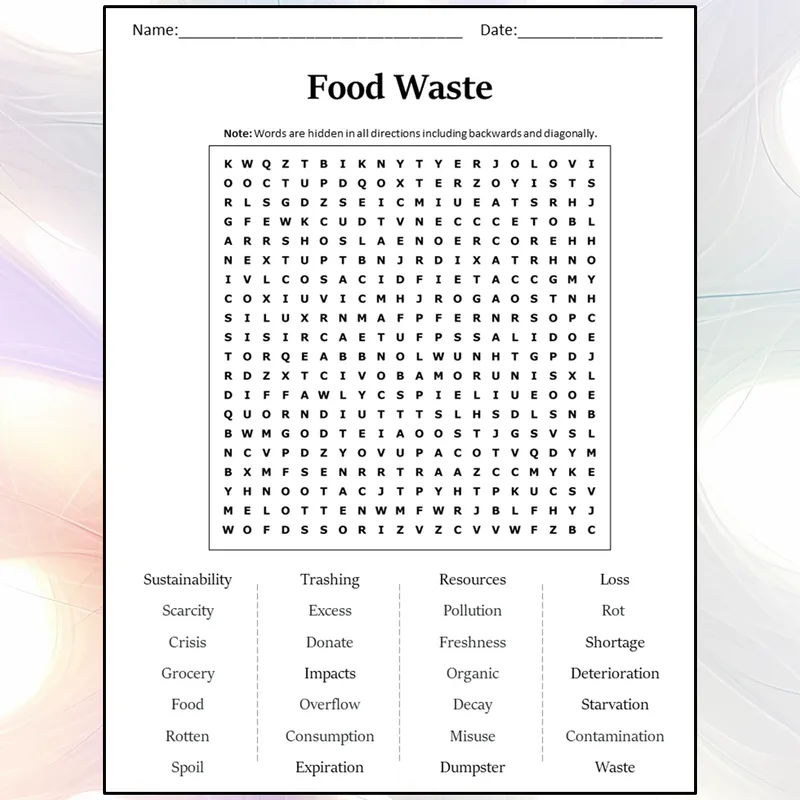 Food Waste Word Search Puzzle Worksheet Activity PDF — Free printable ...