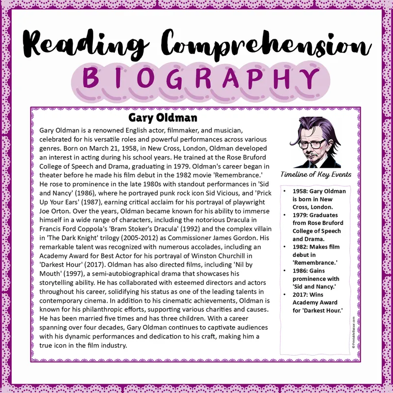 Gary Oldman | Biography Reading Comprehension and Questions Worksheet ...