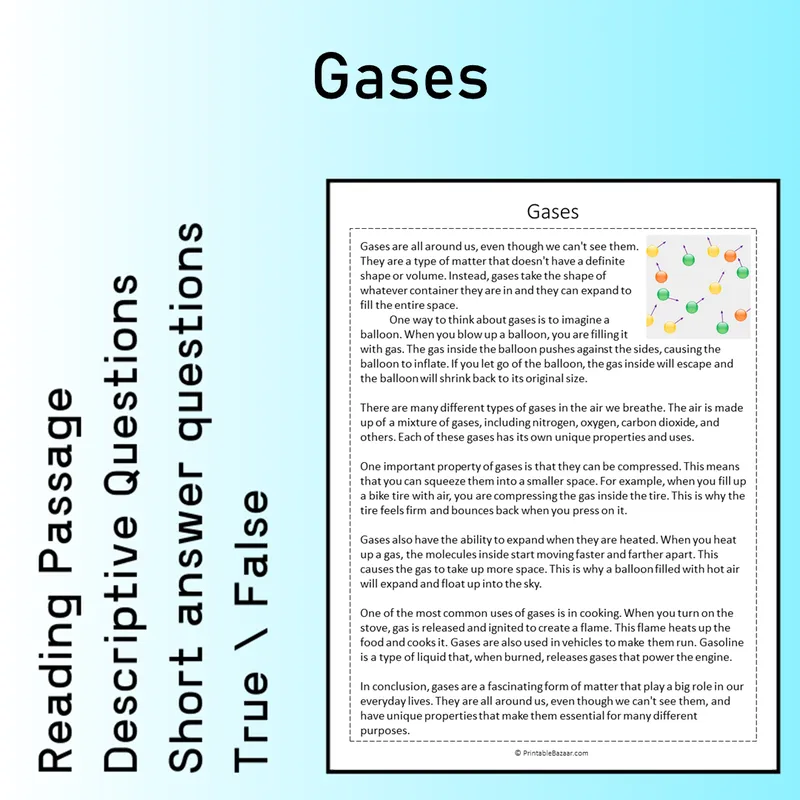 Gases | Reading Comprehension Passage Printable Worksheet — Free ...