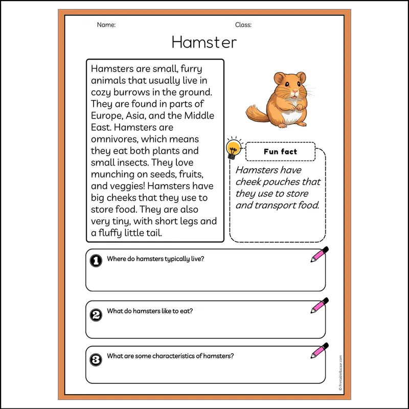 Hamster | Reading Passage Comprehension Questions Writing Facts ...