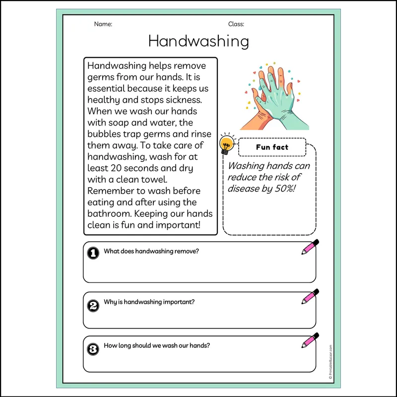 Handwashing | Reading Passage Comprehension Questions Writing Facts ...