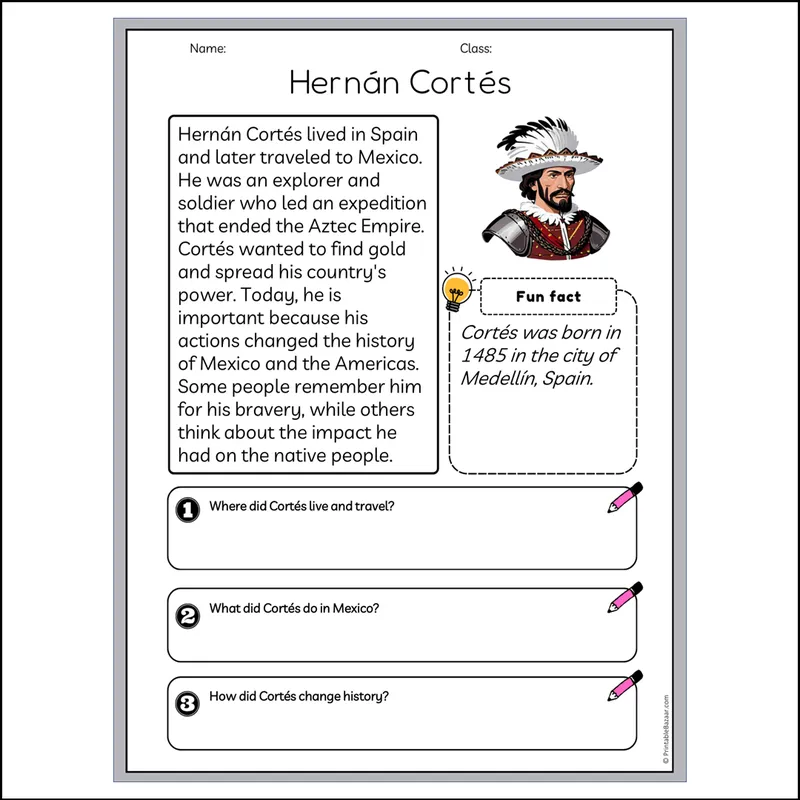 Hernán Cortés | Reading Passage Comprehension Questions Writing Facts ...
