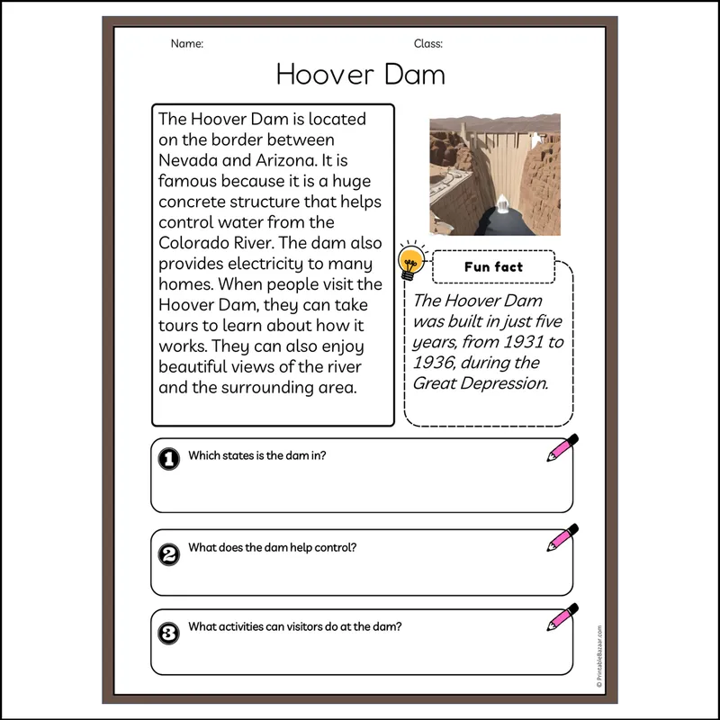 Hoover Dam | Reading Passage Comprehension Questions Writing Facts ...