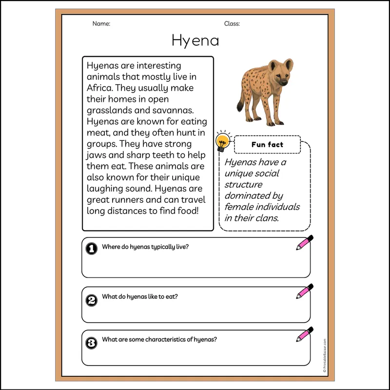 Hyena | Reading Passage Comprehension Questions Writing Facts Worksheet ...