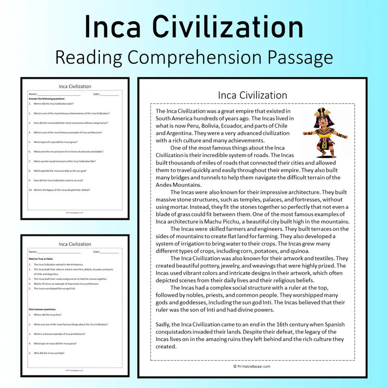 Inca Civilization | Reading Comprehension Passage Printable Worksheet ...