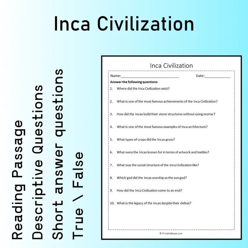 Inca Civilization | Reading Comprehension Passage Printable Worksheet ...