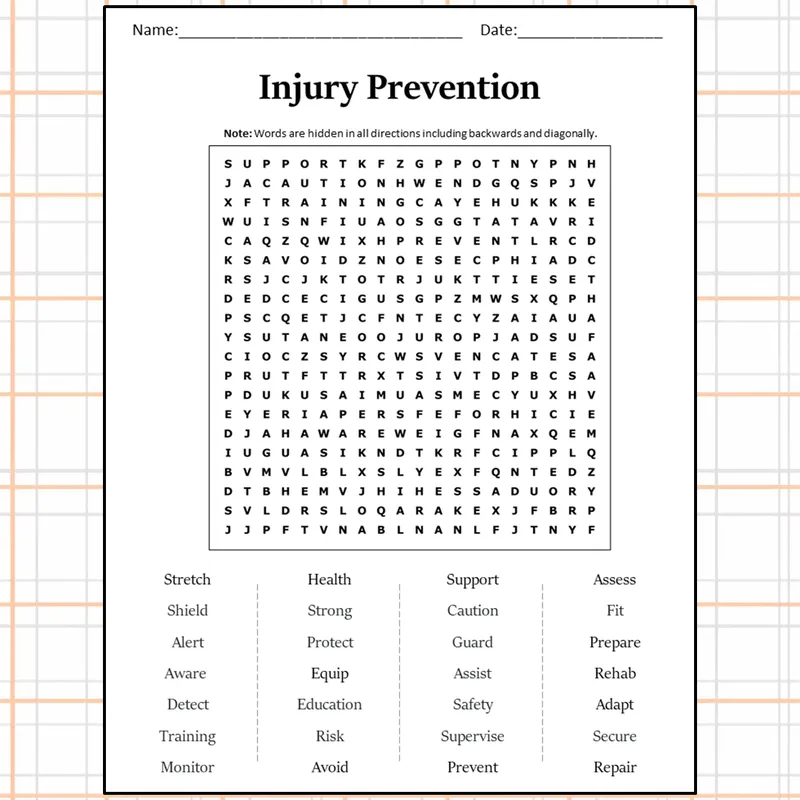 Injury Prevention Word Search Puzzle Worksheet Activity PDF — Free ...