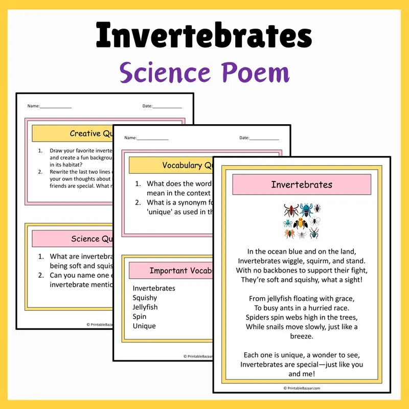 Invertebrates | Science Poem Reading Comprehension Activity — Free ...