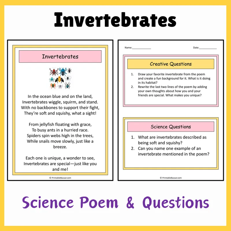 Invertebrates | Science Poem Reading Comprehension Activity — Free ...