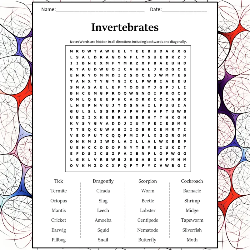 Invertebrates Word Search Puzzle Worksheet Activity PDF — Free ...