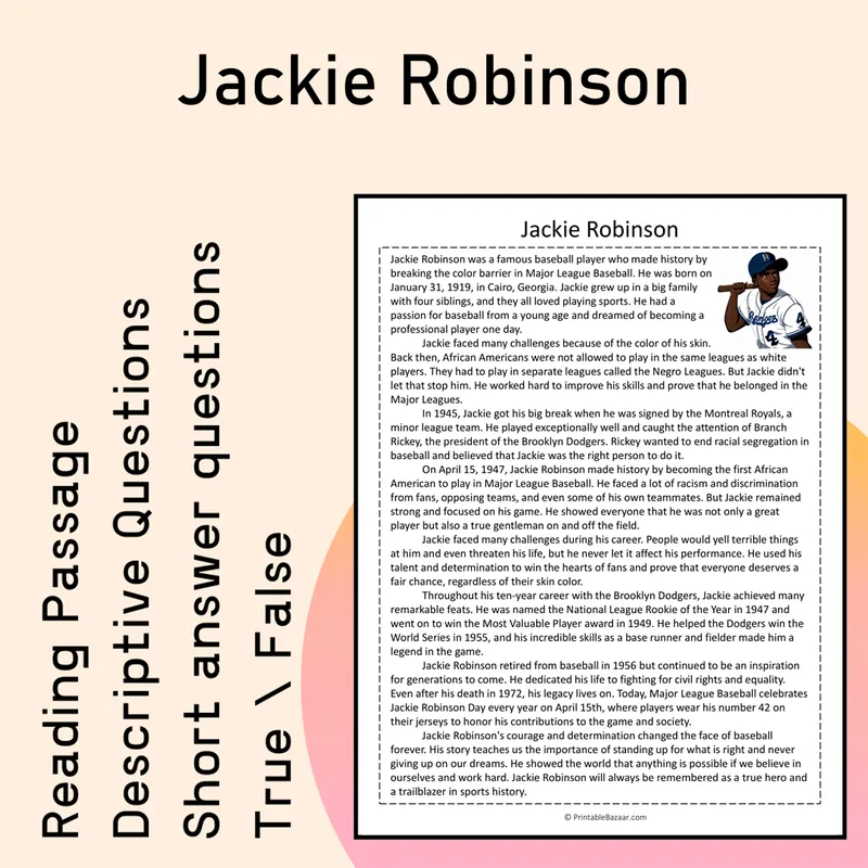 Jackie Robinson | Reading Comprehension Passage Printable Activity ...