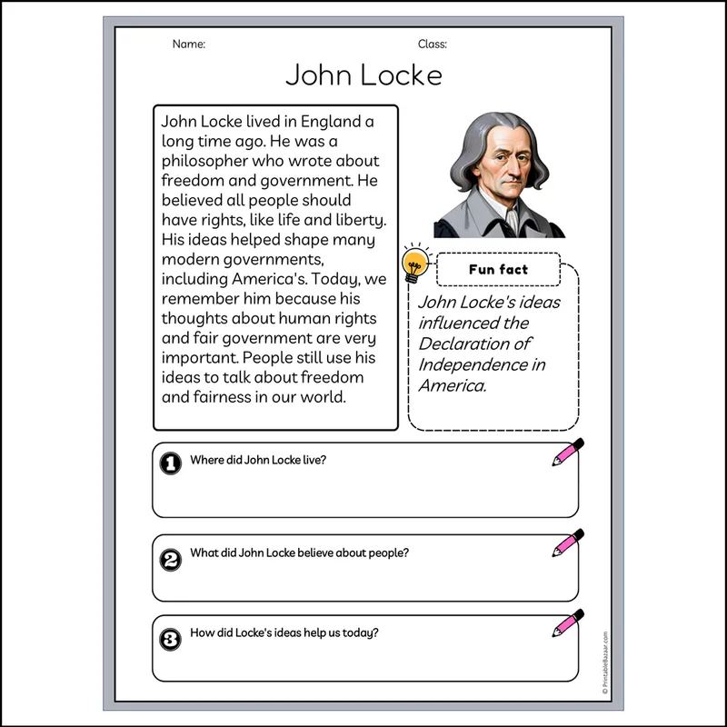 John Locke | Reading Passage Comprehension Questions Writing Facts ...