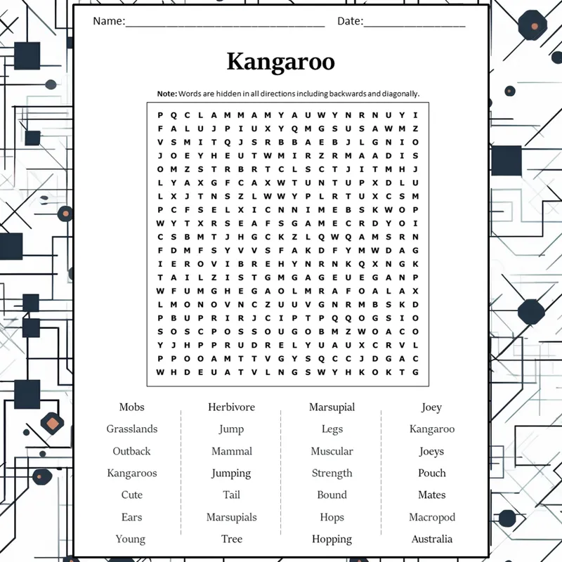 Kangaroo Word Search Puzzle Worksheet Activity PDF — Free printable PDF ...