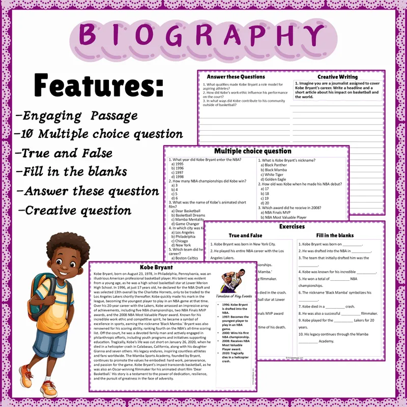 Kobe Bryant | Biography Reading Comprehension and Questions Worksheet ...